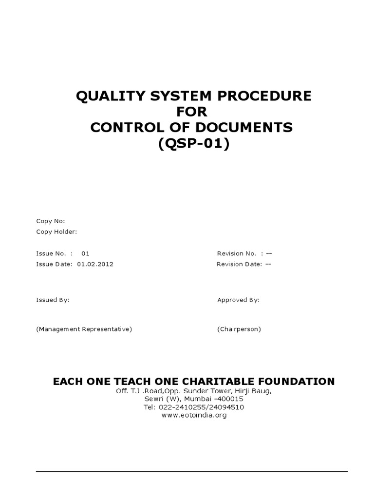 01 QSP Control of Documents | Download Free PDF | Quality Management System | Systems Science