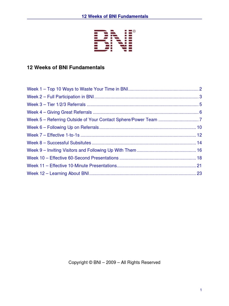 12 Weeks of Bni Fundamentals | PDF | Business