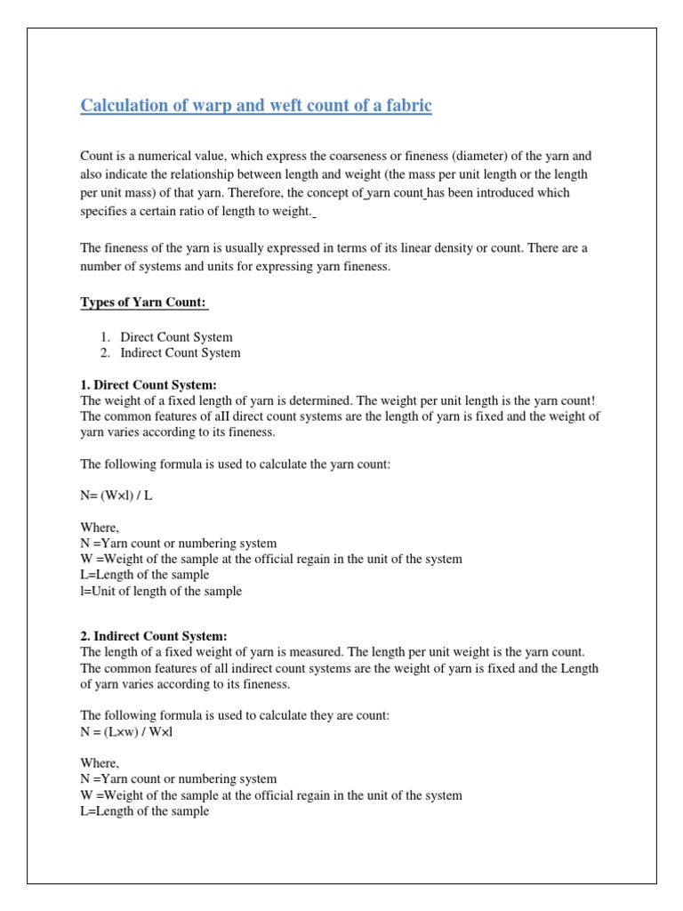 Calculation of Warp and Weft Count of A Fabric | PDF | Yarn | Textile Arts