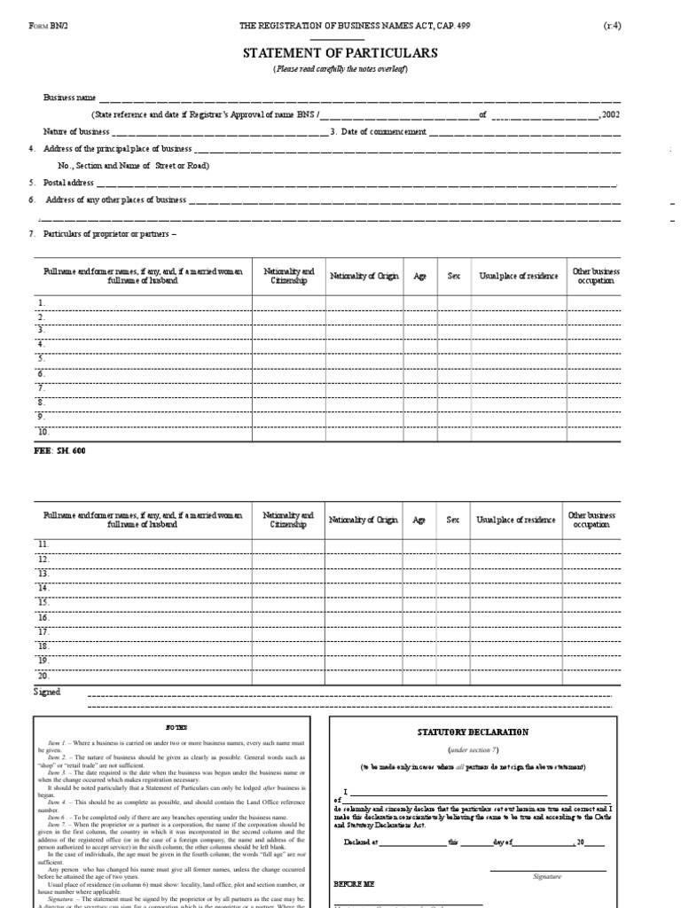 Kenya Business Name Registration Form BN2 | PDF