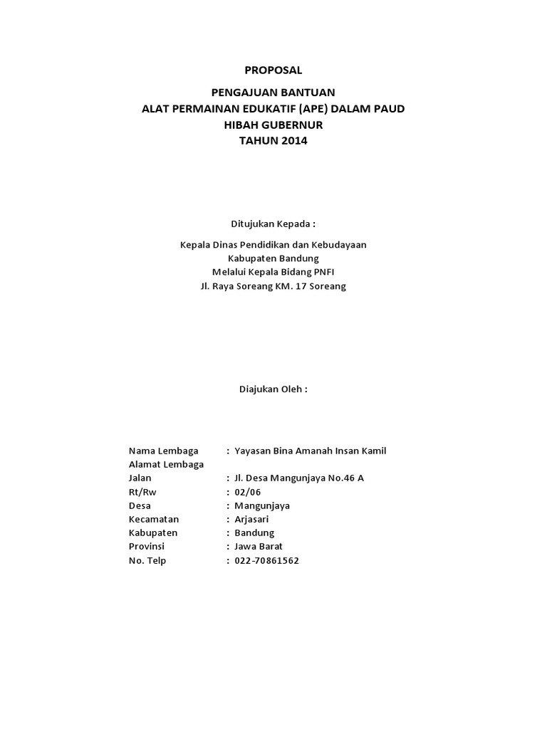 Proposal Permohonan Bantuan APE Dalam PAUD Tahun 2014 | PDF