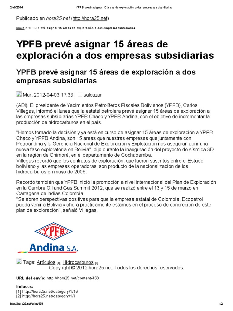 YPFB Prevé Asignar 15 Áreas de Exploración A Dos Empresas Subsidiarias | PDF