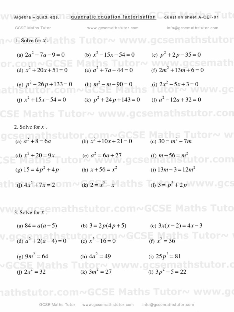Solving Quadratic Equations By Factorisation Worksheet 01 Algebra Revision From Gcse Maths
