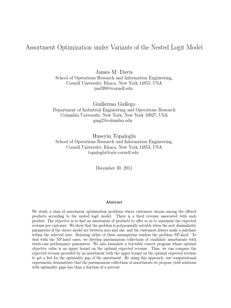 Assortment Optimization Under Variants of The Nested Logit Model | PDF | Mathematical ...