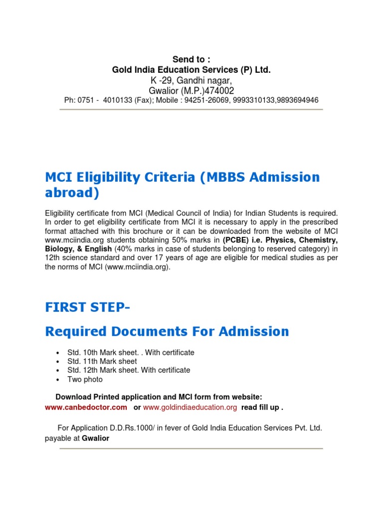 MCI Eligibility Criteria (MBBS Admission Abroad) : Send To: Gold India ...