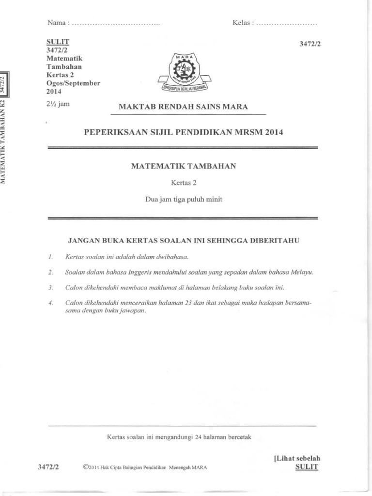 Trial MRSM 2014 SPM Add Math K2 No Skema (Scan) | PDF
