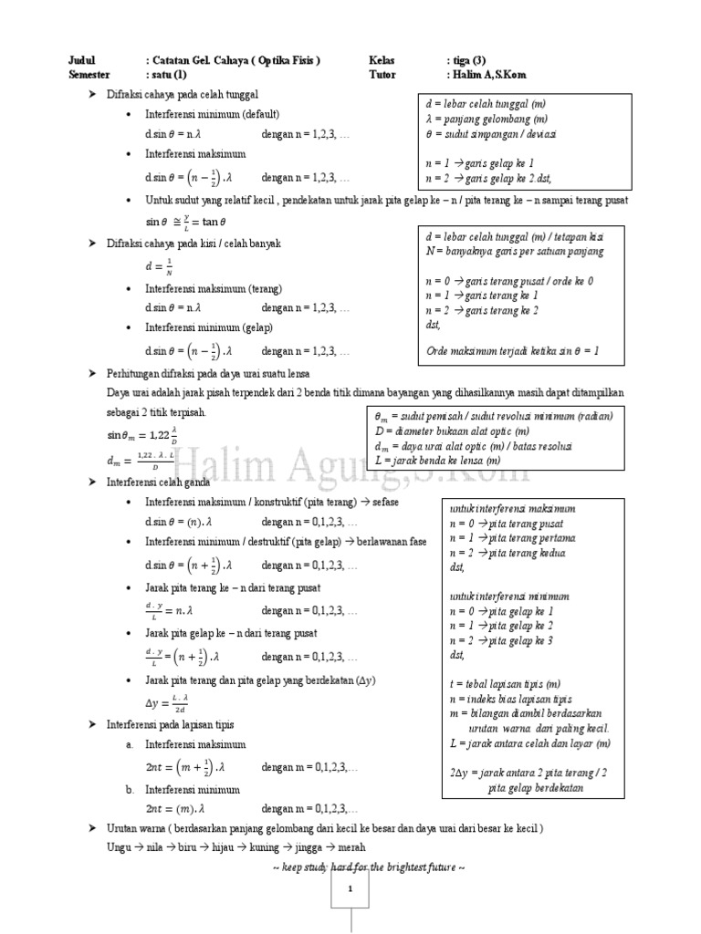 Rumus Fisika Kelas 3 Gelombang Cahaya Optika Fisis | PDF