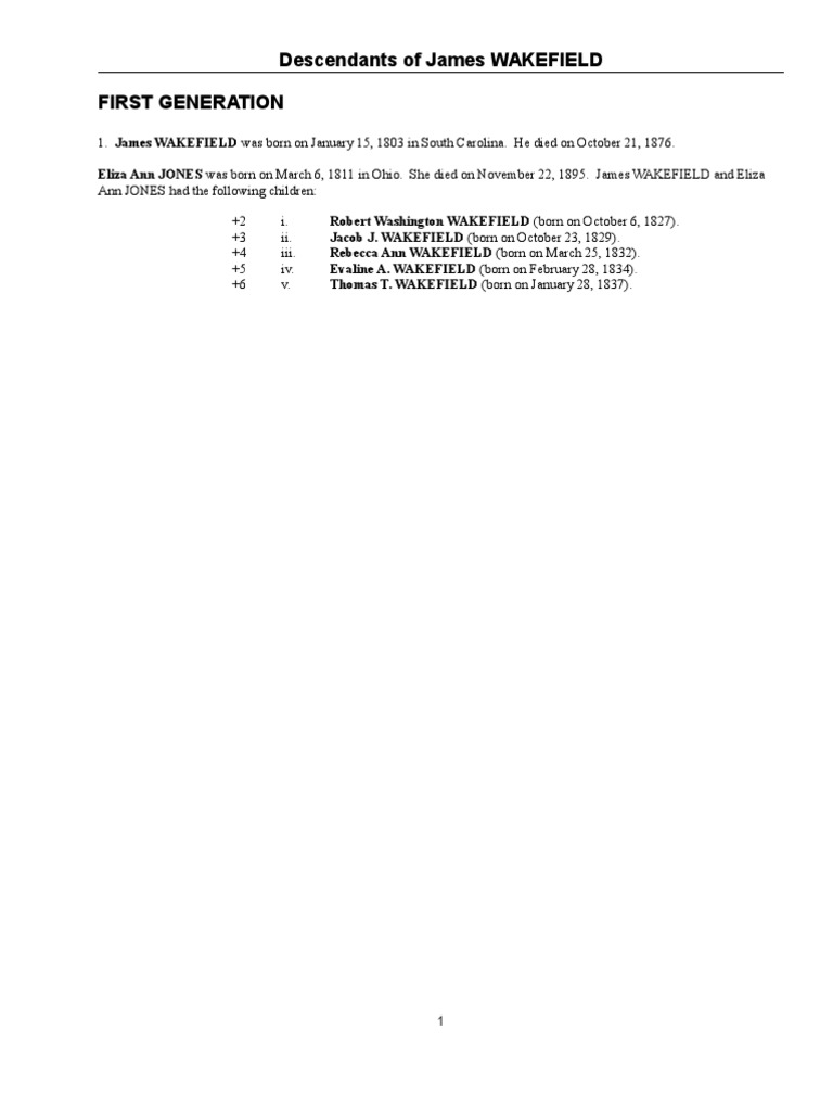 Descendents of James Wakefield | PDF