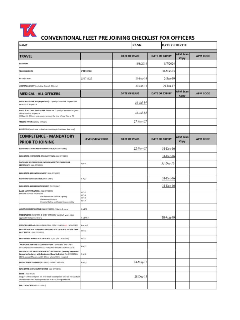 Conventional Fleet Pre Joining Documentation Checklist | PDF | Water ...