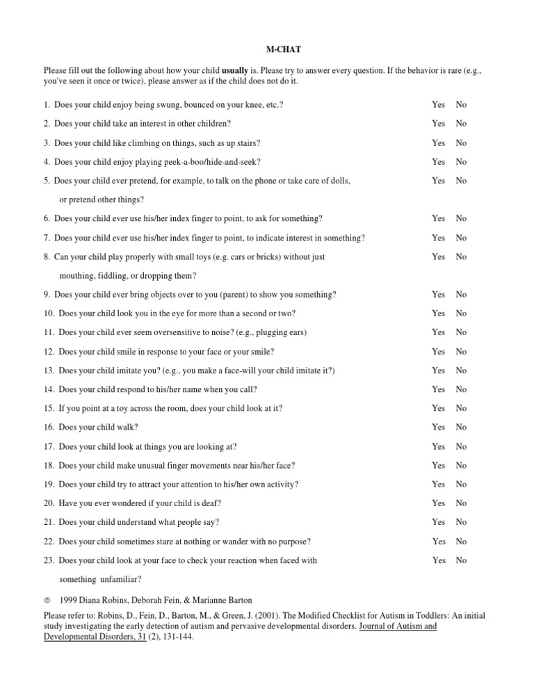 M-CHAT Questionnaire for Autism Screening | PDF | Autism | Human ...