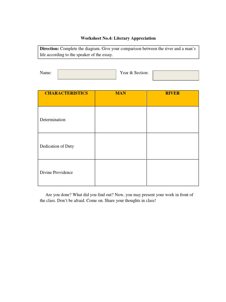River vs. Man: Literary Comparison Worksheet | PDF | Language Arts ...