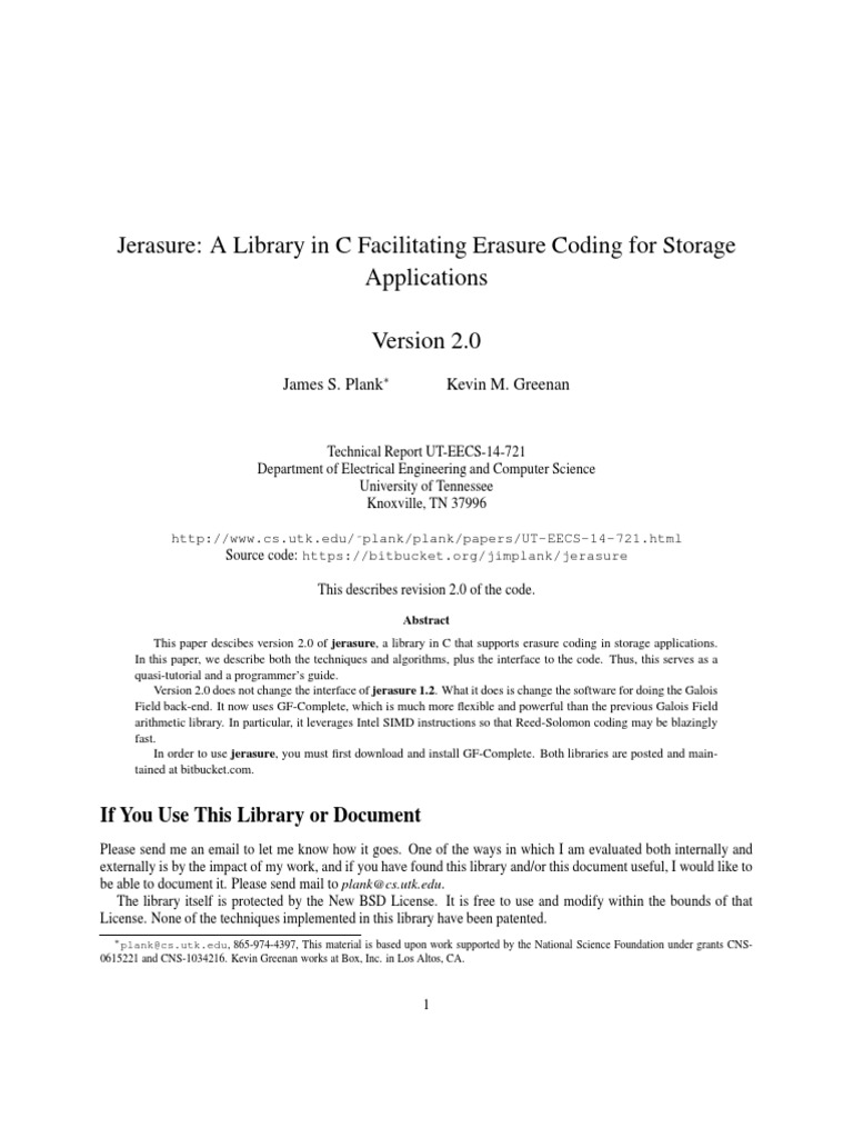 Jerasure: A Library in C Facilitating Erasure Coding For Storage Applications | PDF | Matrix ...