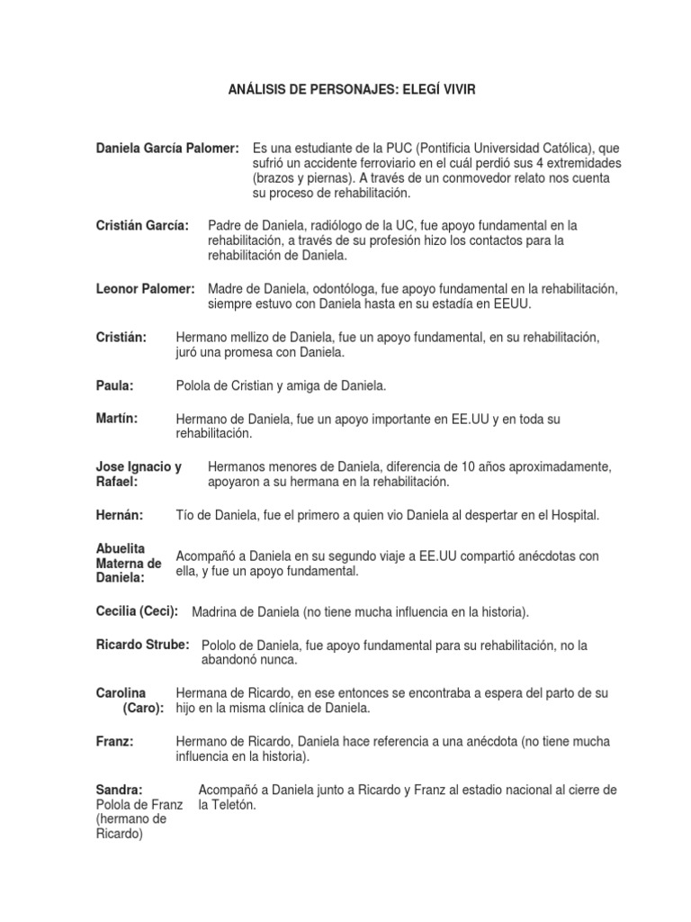 Análisis de Personajes - Elegí Vivir | PDF | Enfermería | Cuidado de la ...