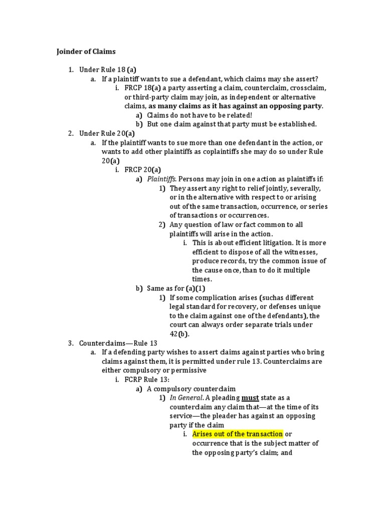 Joinder of Claims Under FRCP Rules | PDF | Discovery (Law) | Federal ...