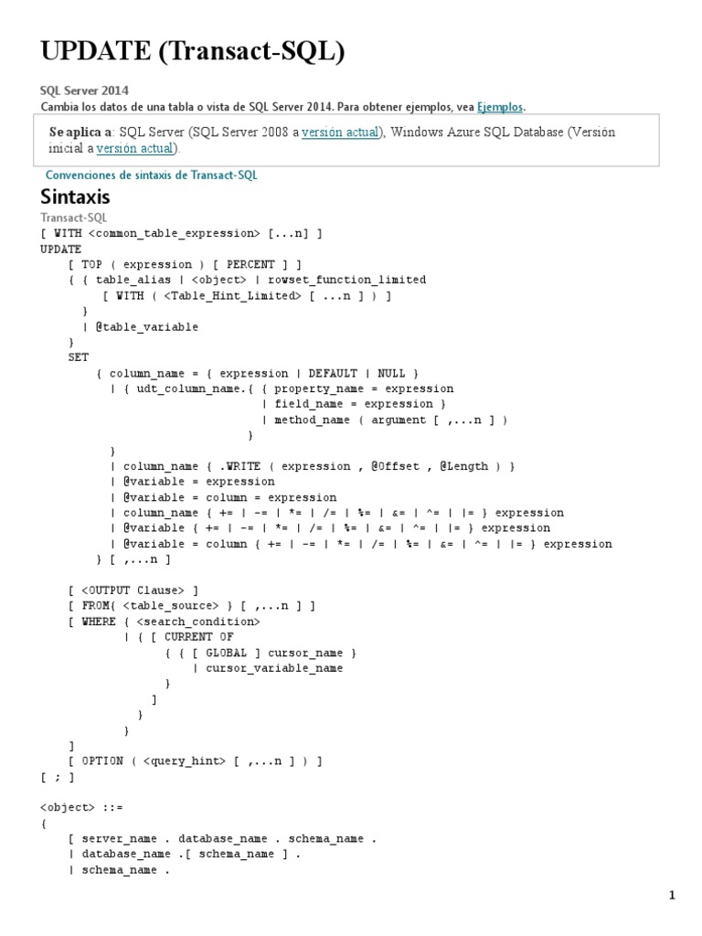 UPDATE Transact SQL 2014 PDF | PDF | Tabla (base de datos) | Servidor SQL de Microsoft