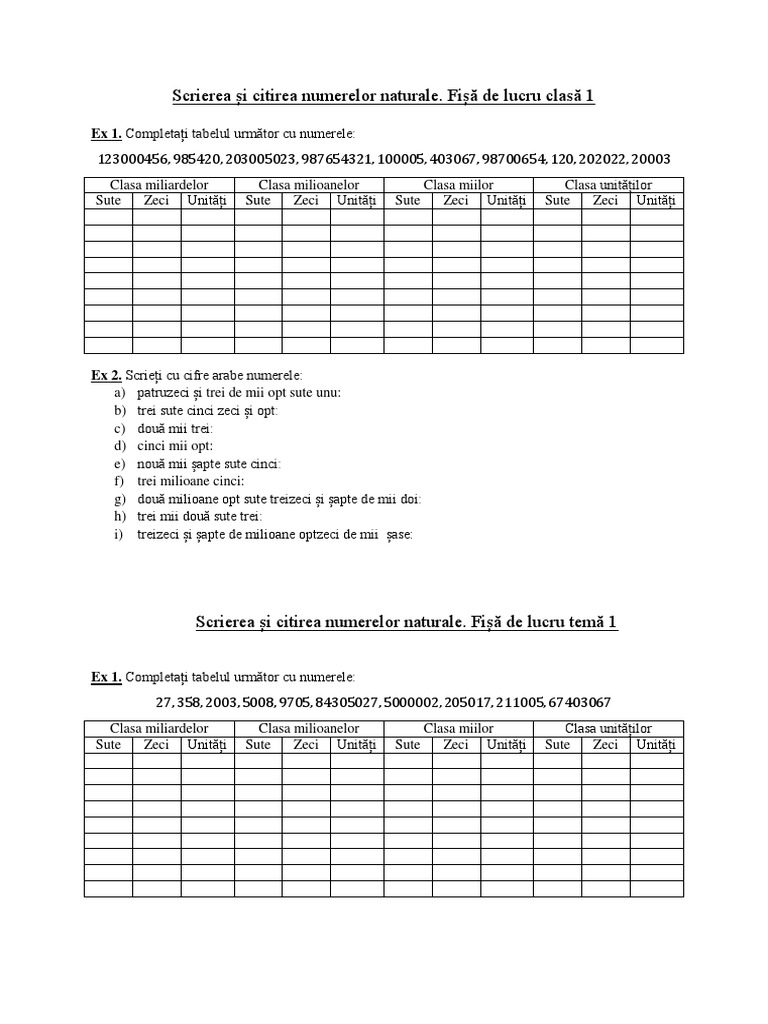 1.scrierea Și Citirea Numerelor Naturale. Fise de Lucru Clasa+tema | PDF