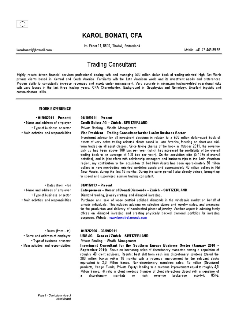 CV Karol October 2014 | PDF | Ubs | Wealth Management