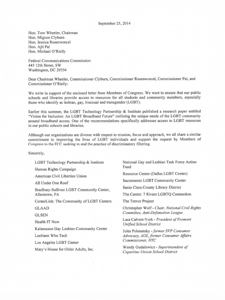 Congressional Letter To The FCC Regarding LGBT Content Filtering in ...