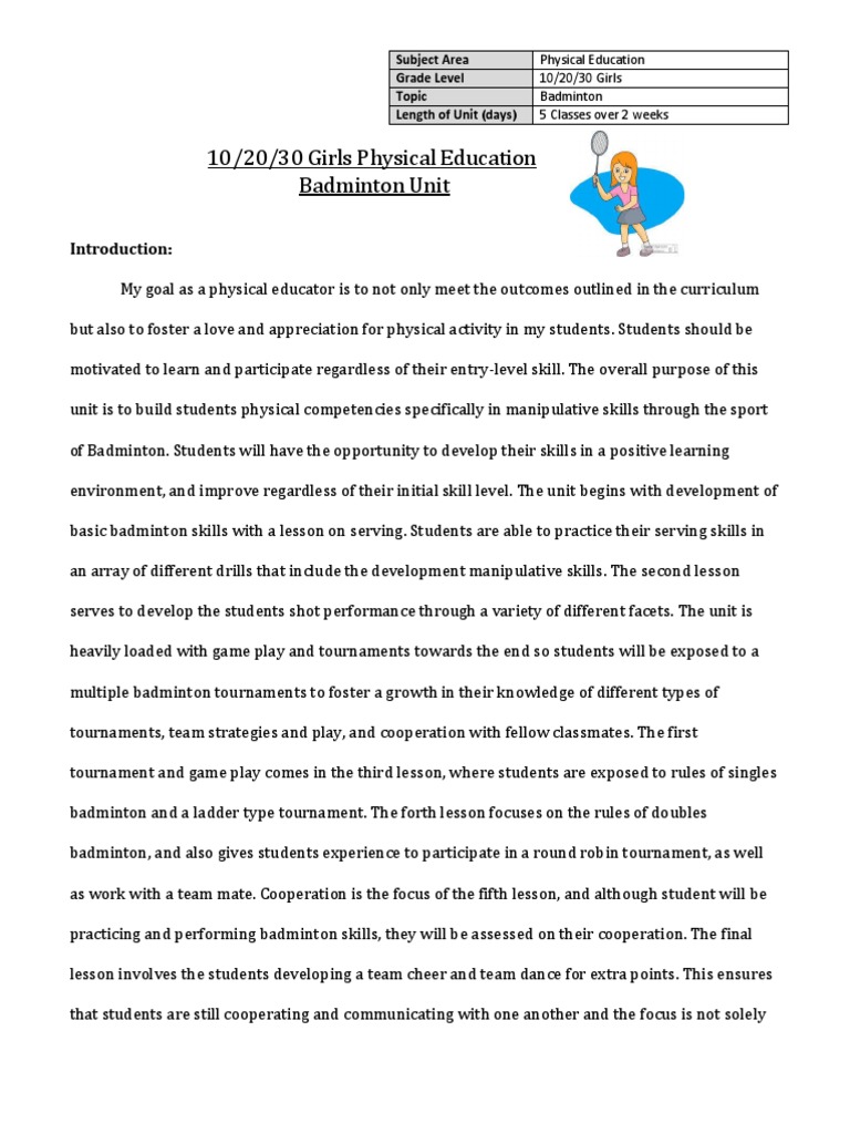Final Badminton Unit Plan | PDF | Physical Education | Educational ...