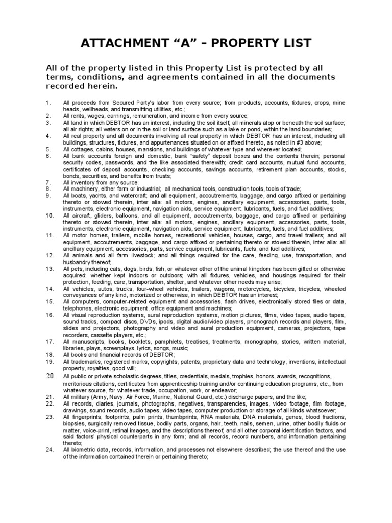 Attachment "A" - Property List | PDF | Securities (Finance) | Credit Card