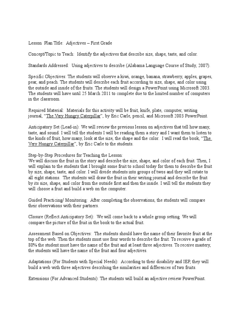 Adjective Lesson Plan 1st Grade | PDF