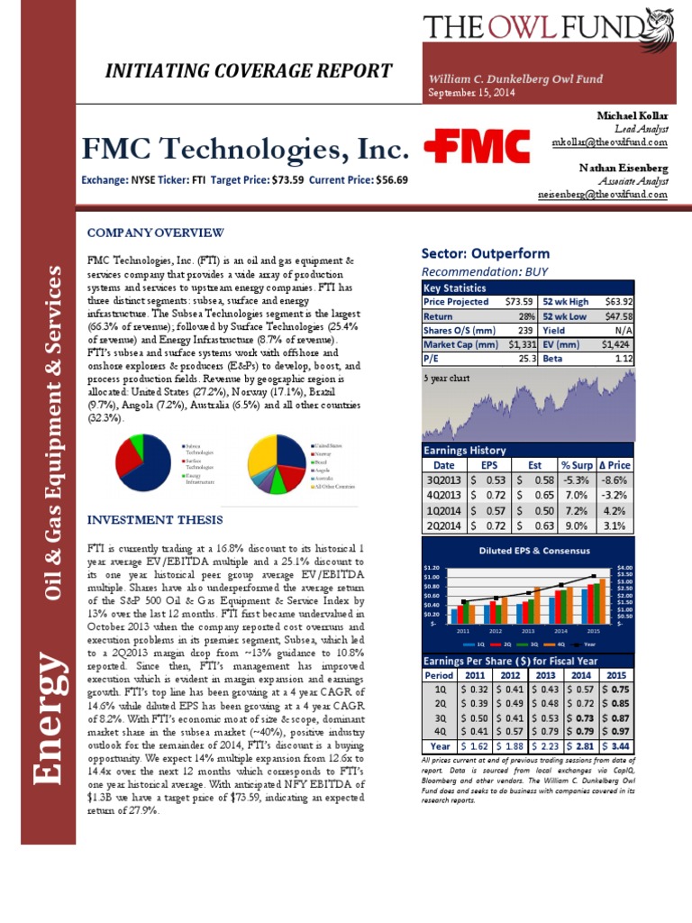 Initiating Coverage - FMC Technologies, Inc. | PDF | Discounted Cash ...