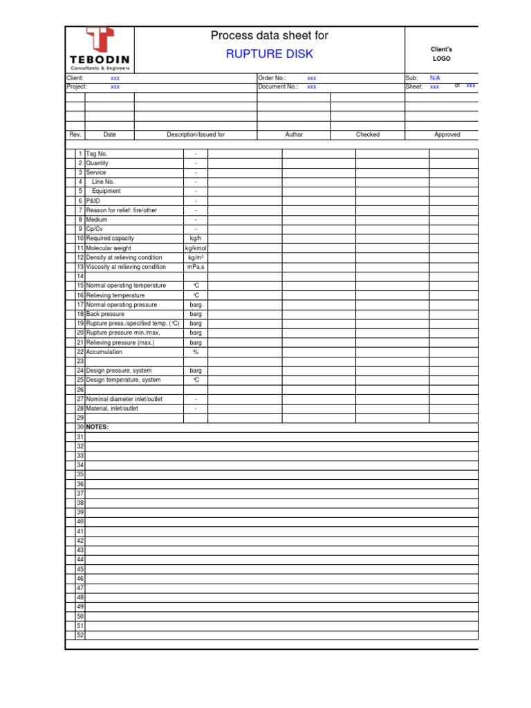 Rupture Disk Process Data Sheet | PDF