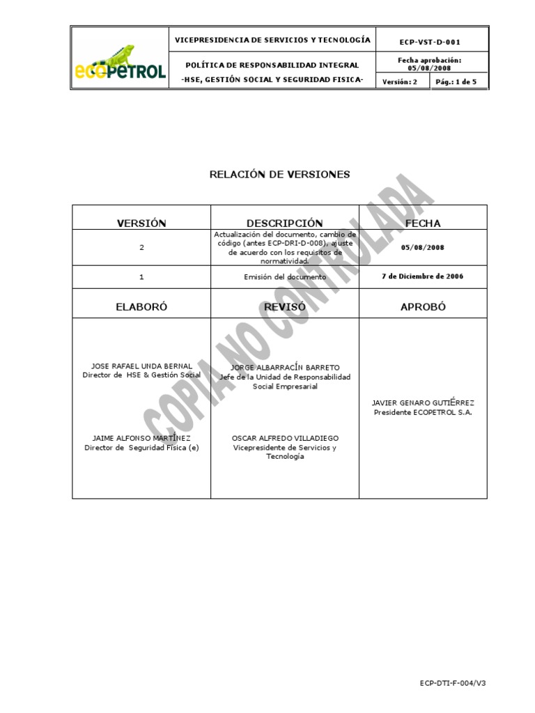 Política de Responsabilidad Integral-HSE PDF | PDF | Seguridad ...