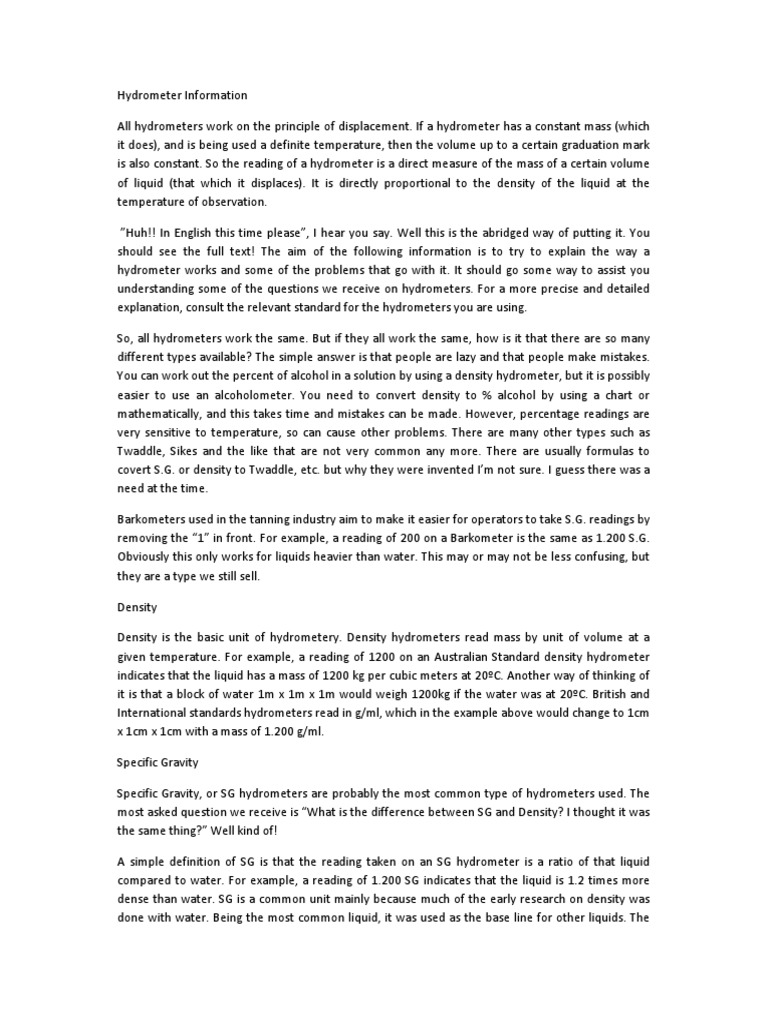 Hydrometer Information | PDF | Density | Physical Quantities