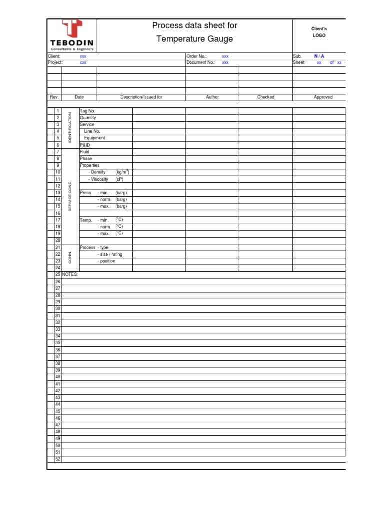 Process Data Sheet for Temperature Gauge | PDF | Technology & Engineering