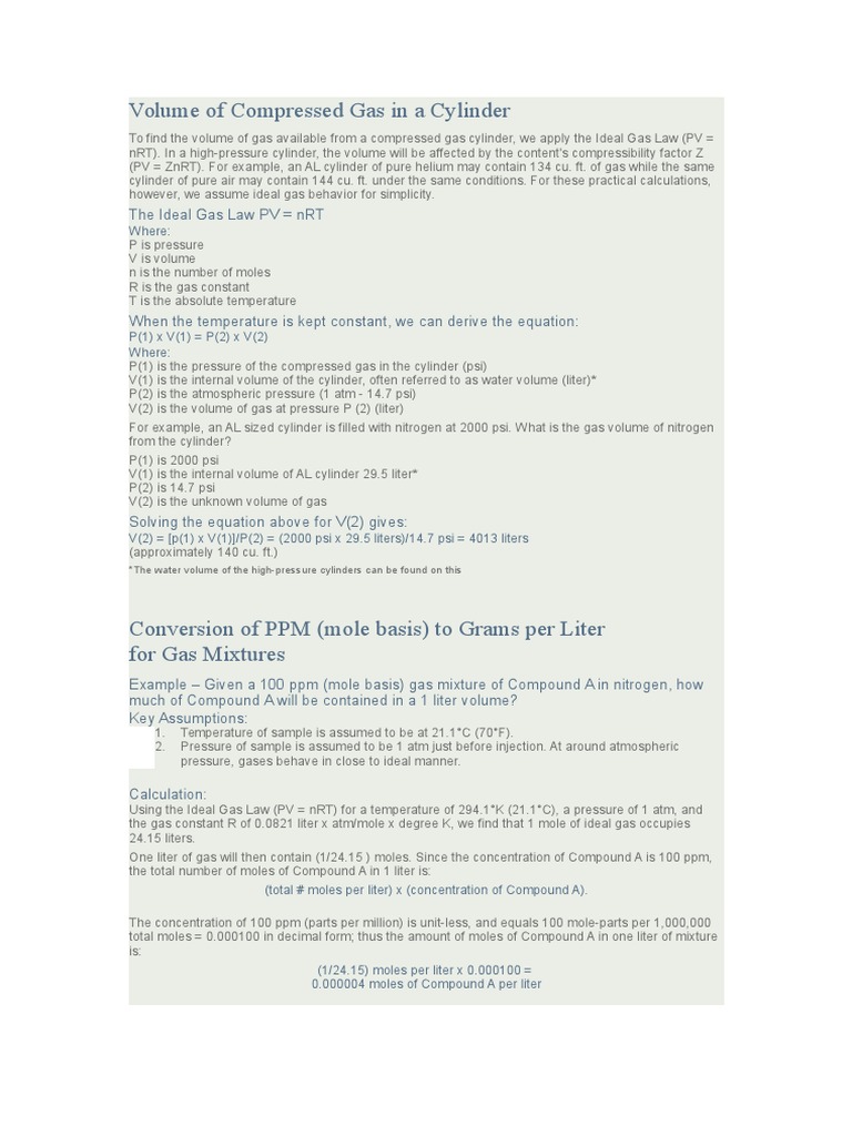 Gas Volume Calculation in Cylinders | PDF | Gases | Mole (Unit)