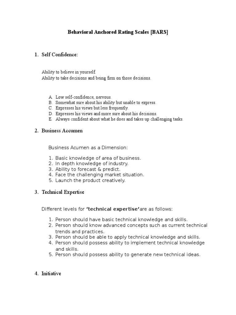 Self Confidence:: Behavioral Anchored Rating Scales (BARS) | PDF ...