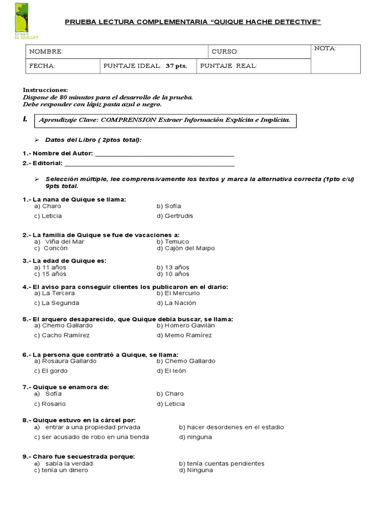 Prueba Libro Quique Hache Detective Pdf Ocio Deportes