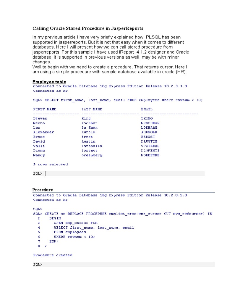 Calling Oracle Stored Procedure in JasperReports | PDF