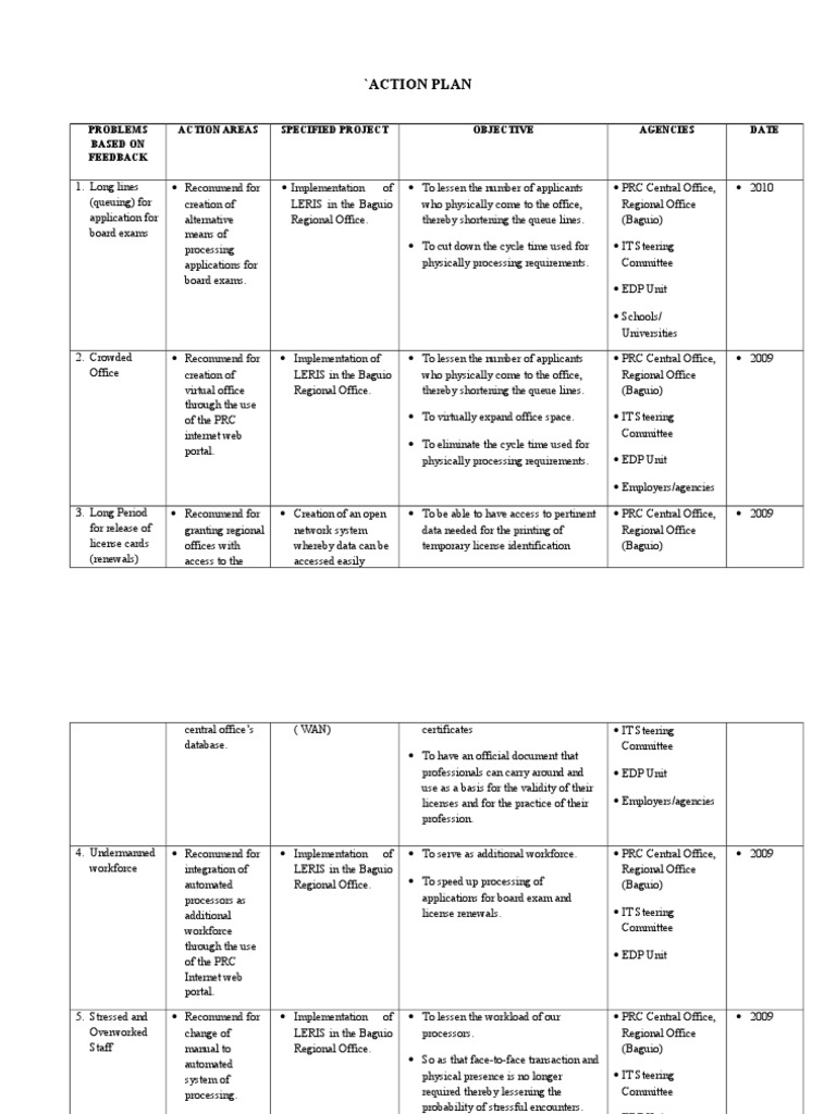 'Action Plan: Problems Based On Feedback Action Areas Specified Project ...