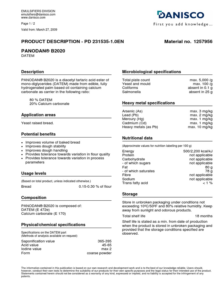 Product Description and Specifications for PANODAN® B2020 DATEM | PDF ...