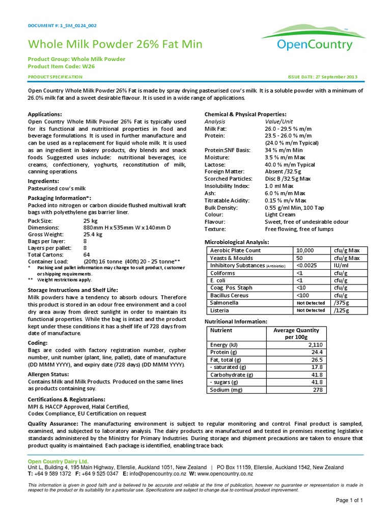 Open Country WMP Spec | Powdered Milk | Milk