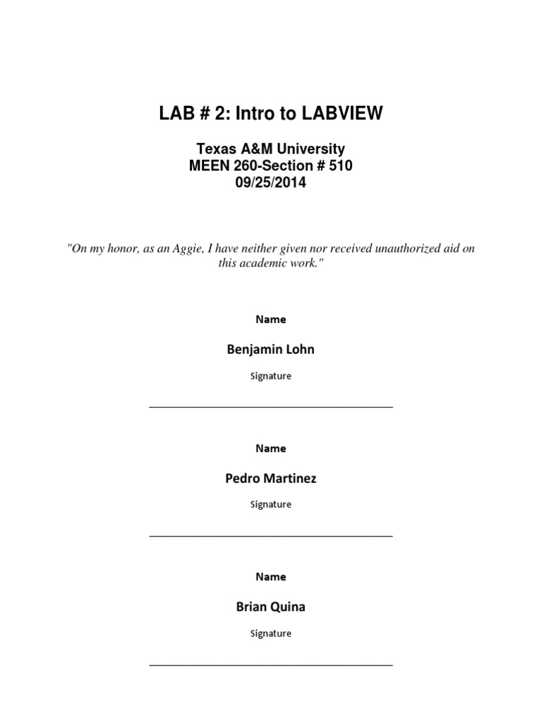 LAB # 2: Intro To LABVIEW: Texas A&M University MEEN 260-Section # 510 09/25/2014 | PDF ...