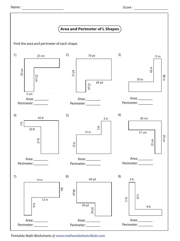 Area and Perimeter of L Shapes Worksheet | PDF | Art