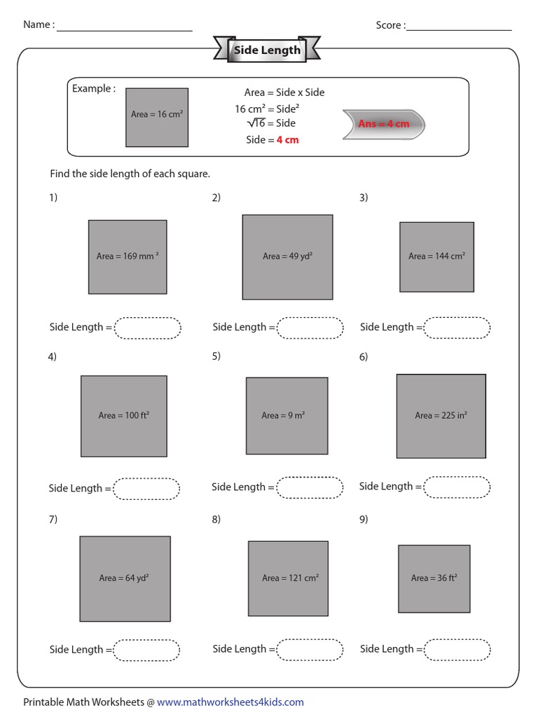 Find Square Side Lengths Worksheets | PDF