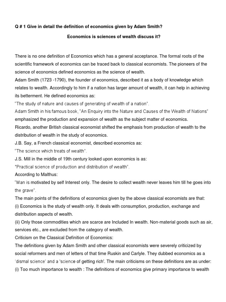 Adam Smith's Definition of Economics | PDF | Classical Economics | Wealth