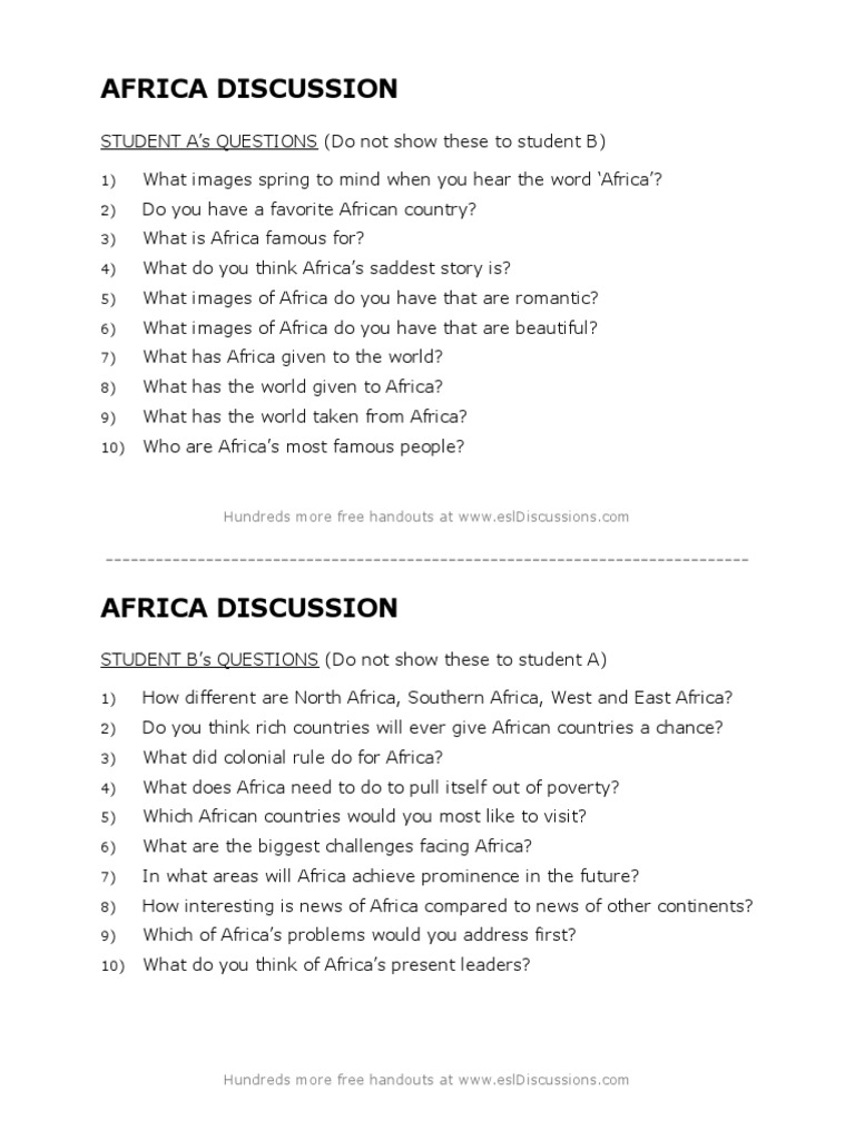 Africa Discussion Questions Guide | PDF | Games & Activities | Social ...