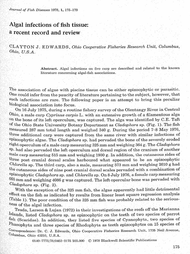 Algal Infections of Fish Tissue: A Recent Record and Review: Ohio, U.S ...