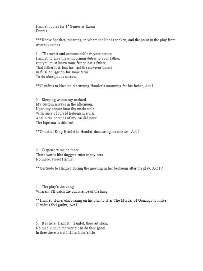 Hamlet Quotes for Semester Exam | PDF | Hamlet | Shakespearean Characters