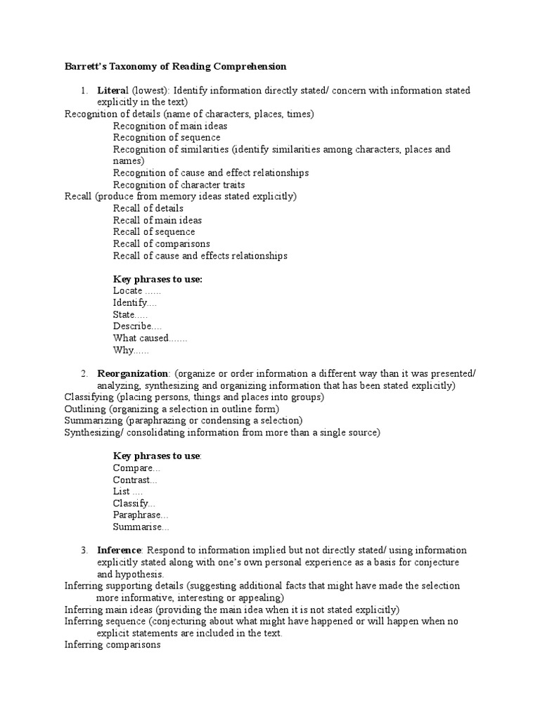 Barrett's Taxonomy of Reading Comprehension Levels | PDF | Recall ...