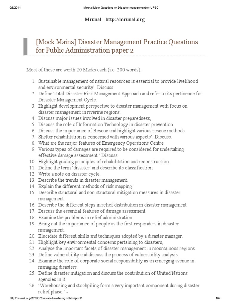 UPSC Mock Questions on Disaster Management | PDF | Emergency Management ...
