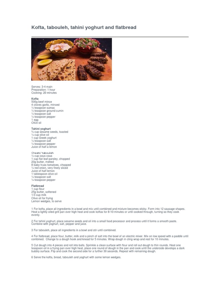Delicious Kofta with Tahini Yoghurt Recipe | PDF