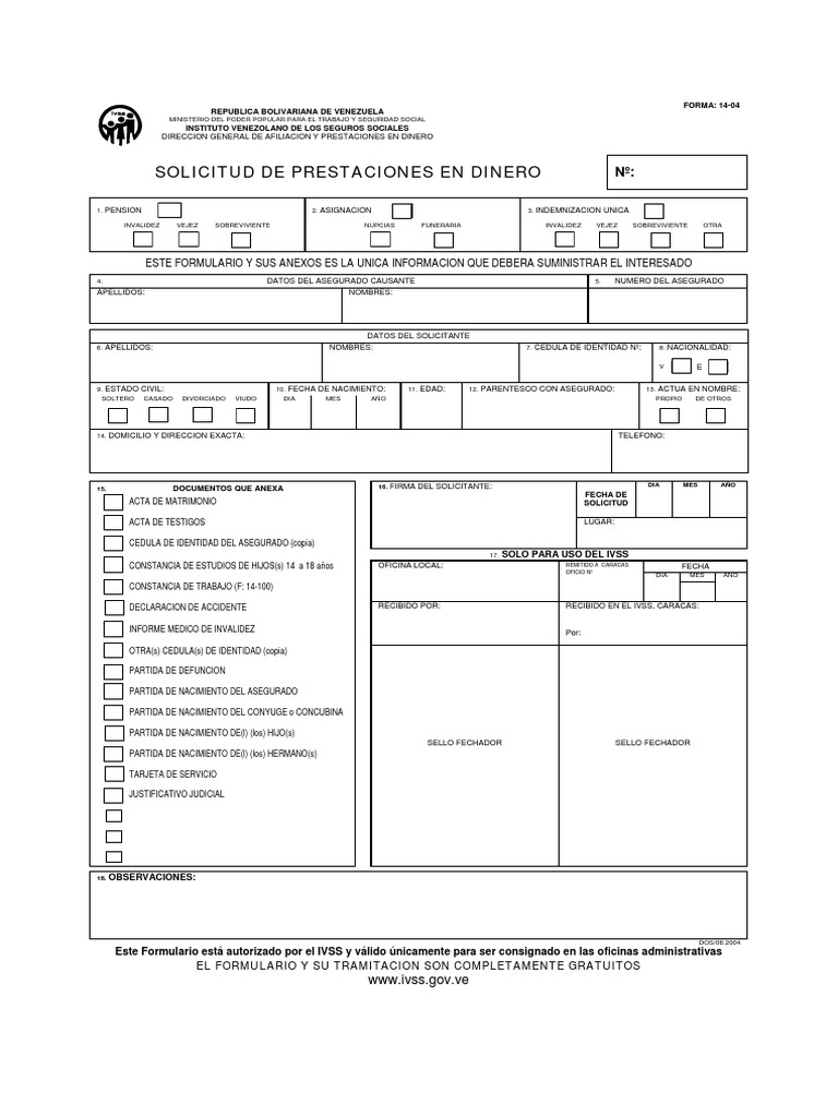 Solicitud de Prestaciones IVSS 14-04 | PDF