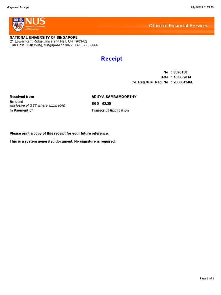 NUS ePayment Receipt for Transcript | PDF | Business