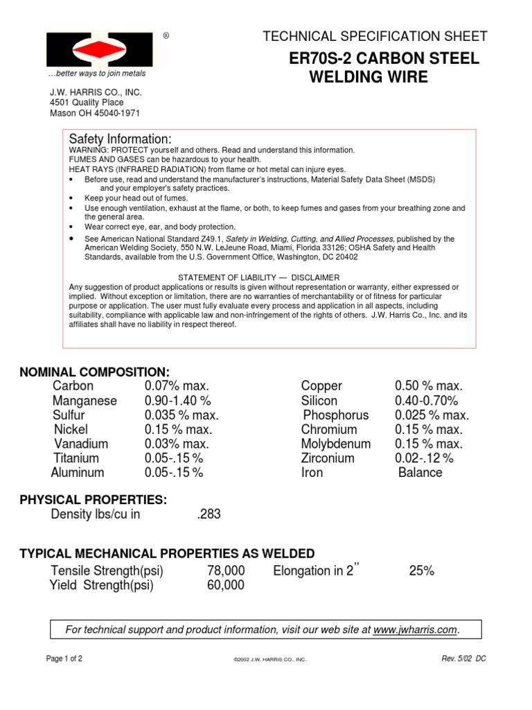 Er70S-2 Carbon Steel Welding Wire: Technical Specification Sheet | PDF ...